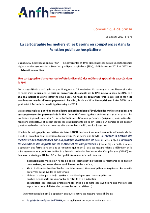 CP Cartographie des métiers et besoins en compétences dans la FPH | ANFH