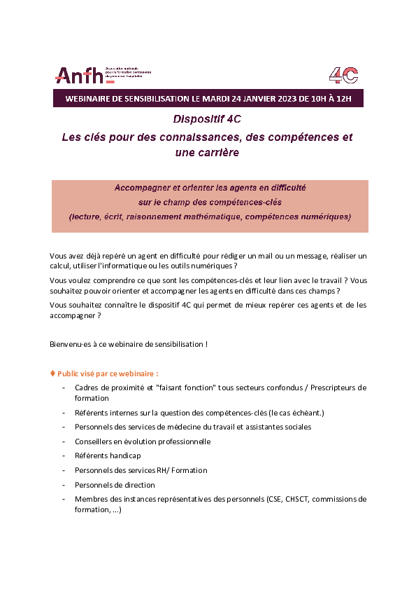 Webinaire de Sensibilisation au dispositif 4C - Programme | ANFH