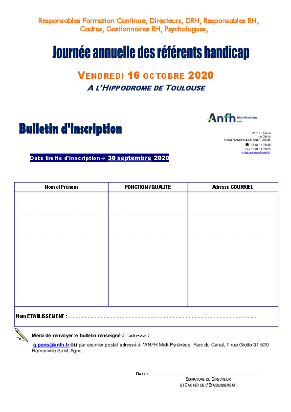 Bulletin d'inscription | ANFH