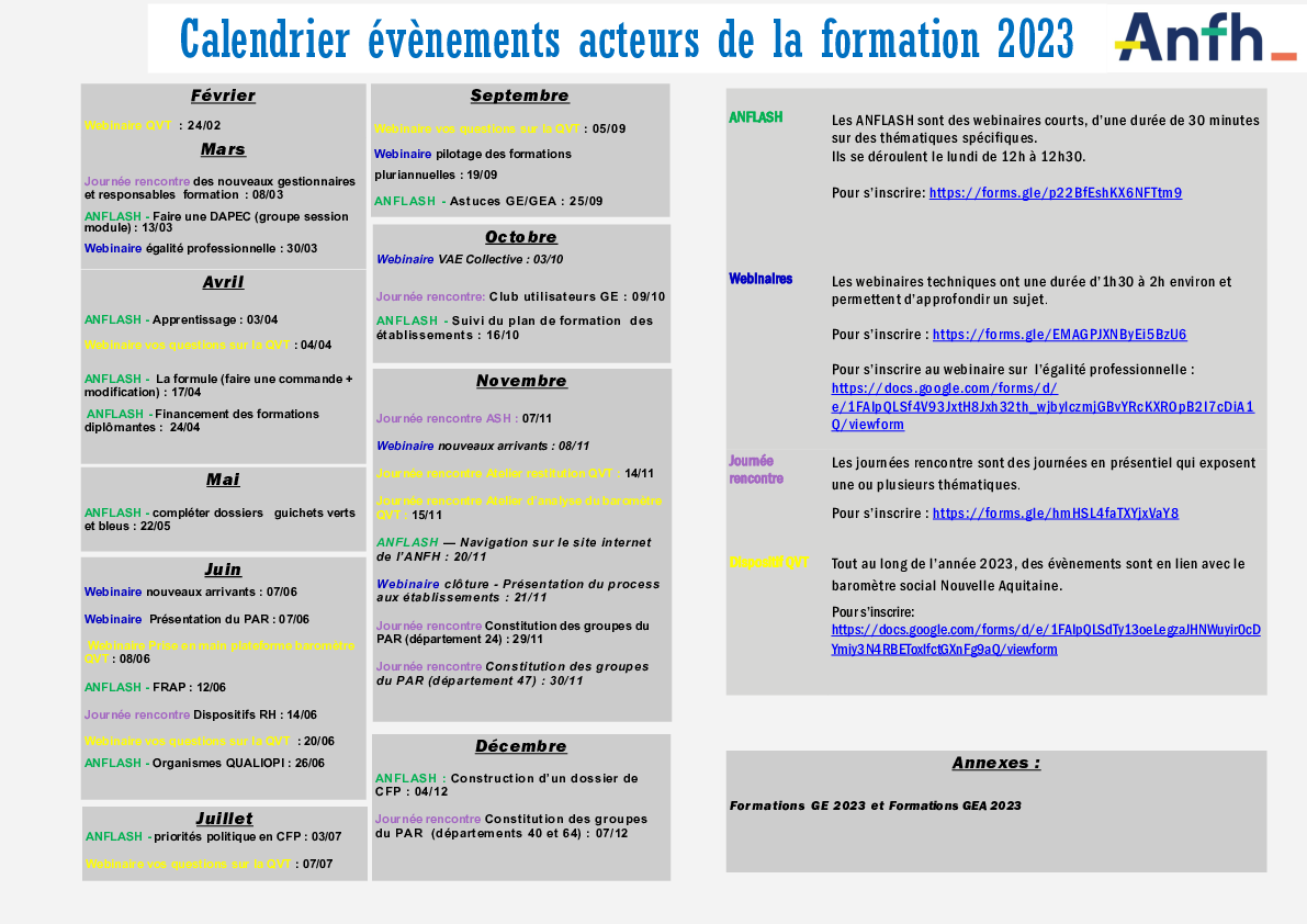 Calendrier évènements ANFH acteurs de la formation 2023 | ANFH