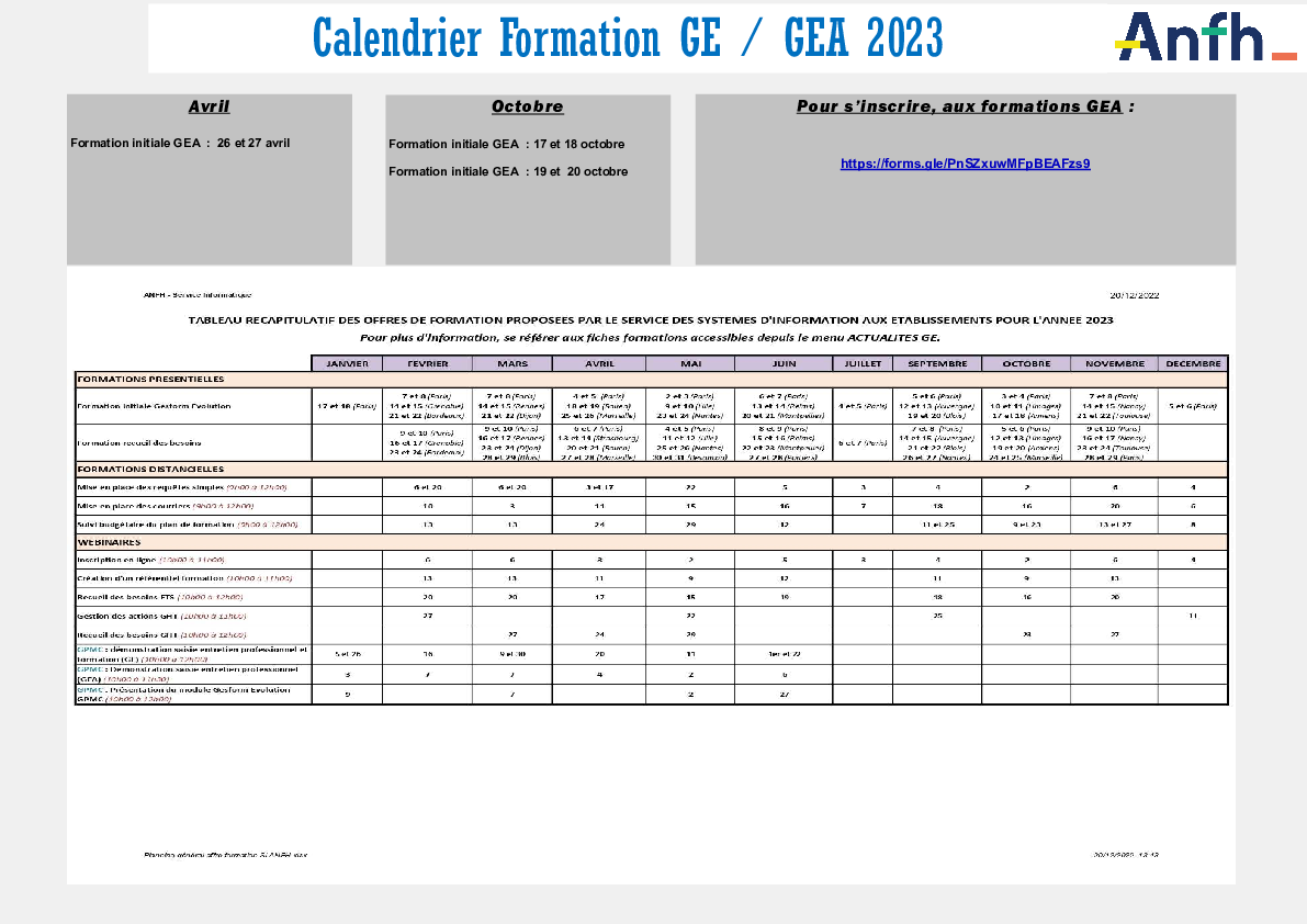 Calendrier Formation GE / GEA 2023 | ANFH