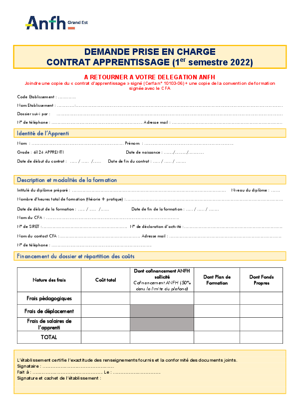 Demande de prise en charge 2022 | ANFH