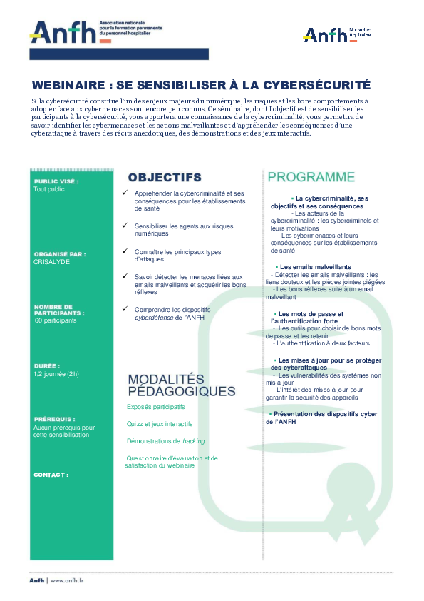 Programme webinaire cybervigilance | ANFH