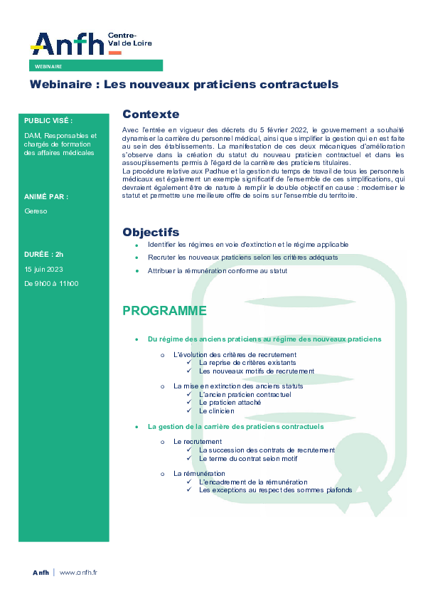 Programme "Nouveaux praticiens contractuels" | ANFH