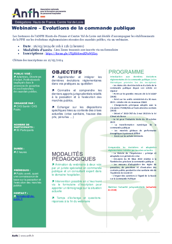 Programme du webinaire "Evolution de la commande Publique" | ANFH